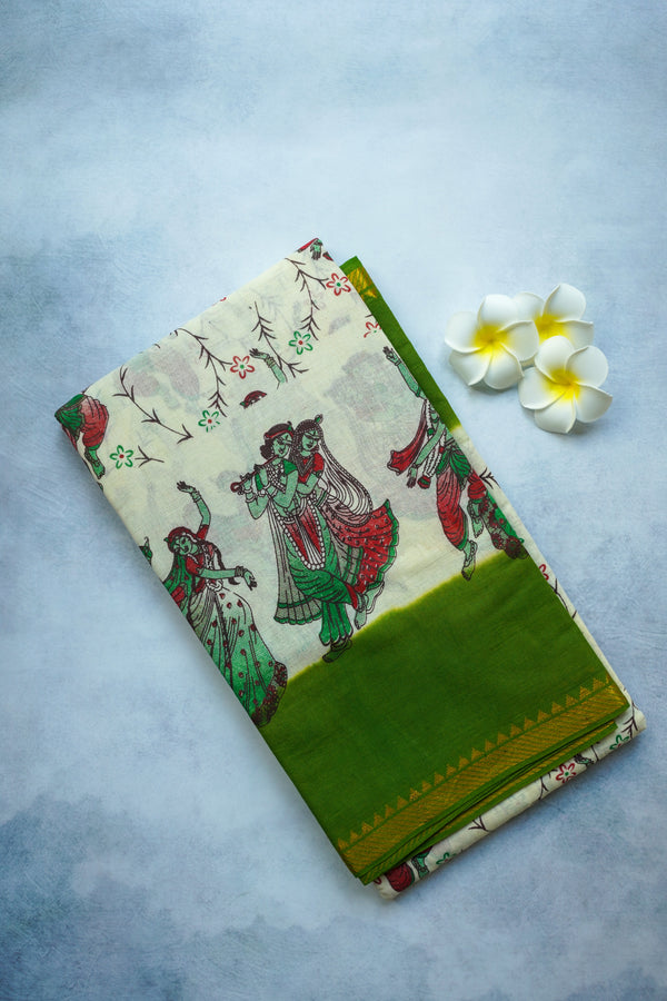 Radha krishna print - Green border with blouse -Sungudi saree – The ...