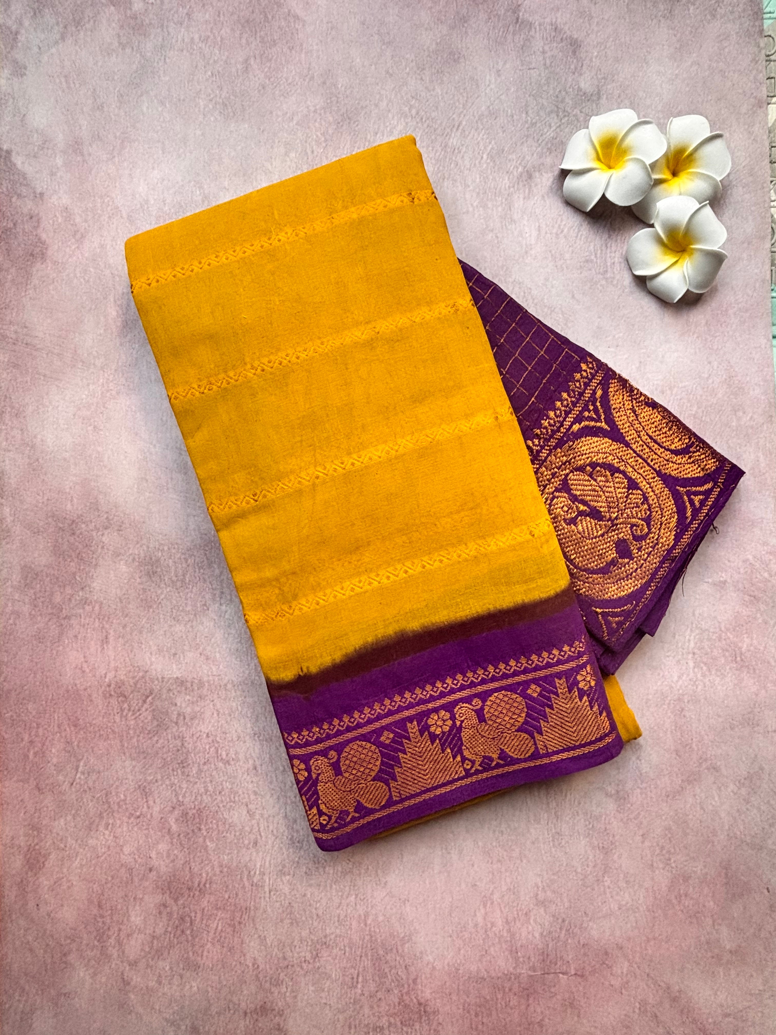 Venthaya Colour Sungudi Cotton Saree with Violet Border – The Laya Looms